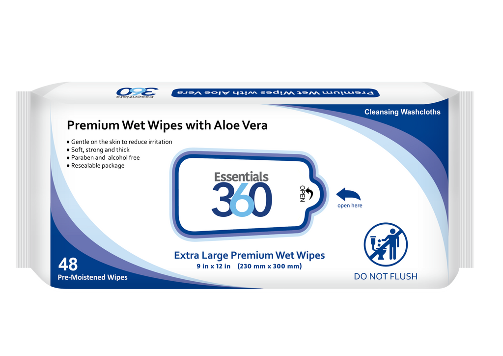 Essentials 360 Aloe Vera Wet Wipes in a Resealable Package